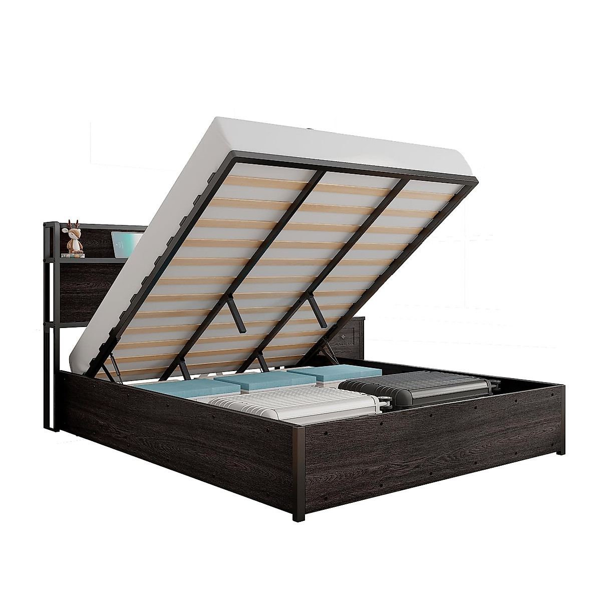 LUXOAK King Size Lift Up Storage Bed, Wood Platform Bed Frame with Storage Headboard & Charging Station, No Box Spring Needed, Easy Assembly, Black