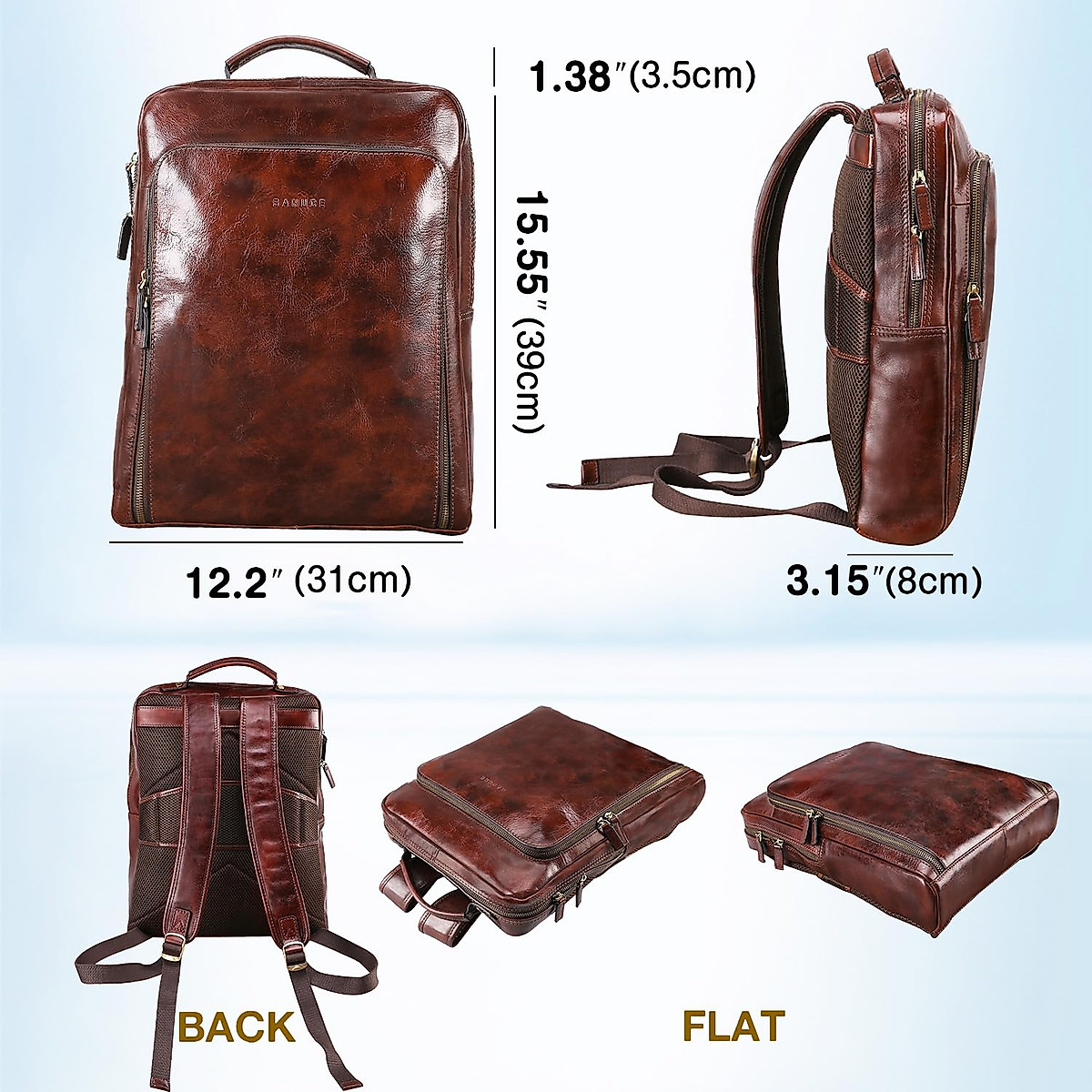 Ronts Banuce Full Grain Italian Leather Backpack for Men Business Travel 14 Inch Laptop Backpack Work Bag