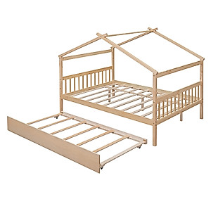 Quarte Full Size Wooden House Bed with Twin Size Trundle,Wooden Daybed Tent Bed for Kids Boys Girls Bedroom,Can be Decorated (Natural/House6)