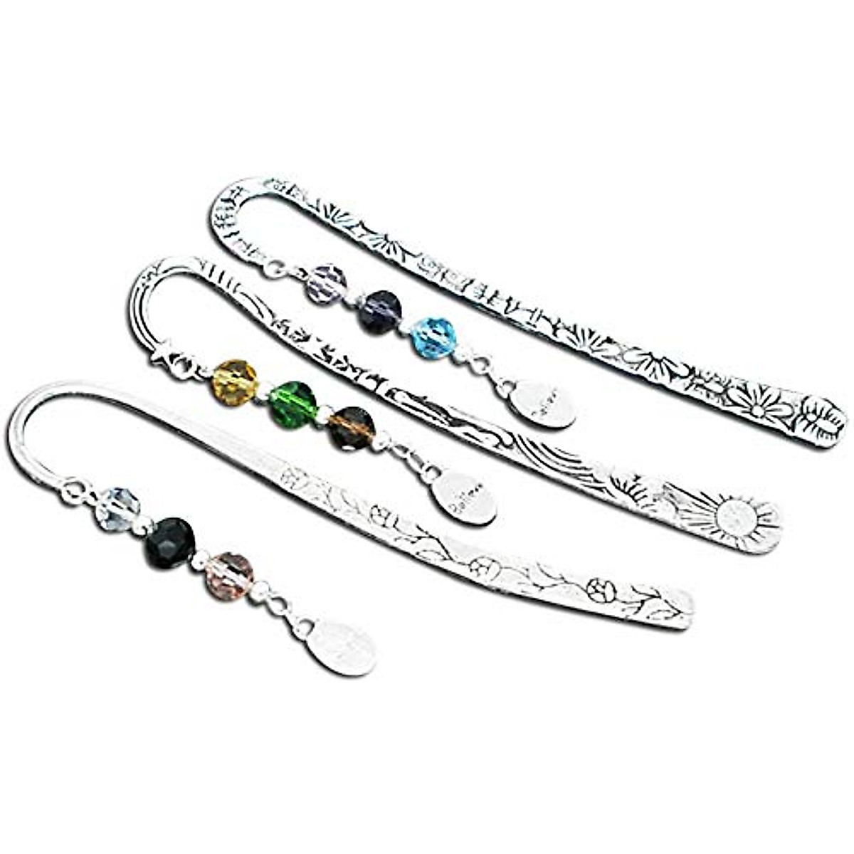 HOUSWEETY Beaded Charm Bookmarks, with Crystal Glass Quartz, Believe Dangle Beads, 3 Pcs, Silver Tone