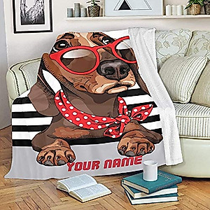 CUXWEOT Custom Blanket with Name Text,Personalized Dachshund Dog in a Red Sunglasses Super Soft Fleece Throw Blanket for Couch Sofa Bed (50 X 60 inches)