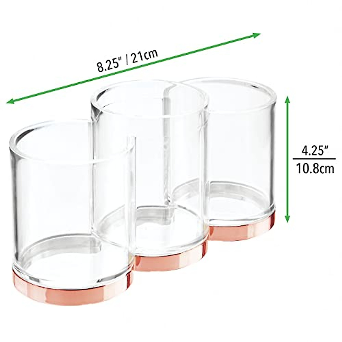 mDesign 3- Section Makeup Brush Organizer for Bathroom Vanity - Plastic Brush Holder for Makeup - Storage Cup for Eyeliner, Lipstick, Concealer - Cosmetic Holder, Lumiere Collection, Clear/Rose Gold