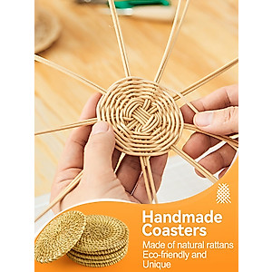 6pcs Handmade Rattan Coasters with Holder, Natural Wicker Boho Coasters Set, Heat-resistant Drink Coasters for Coffee Table Housewarming Gifts Hot Drinking Home Decor Protecting Table