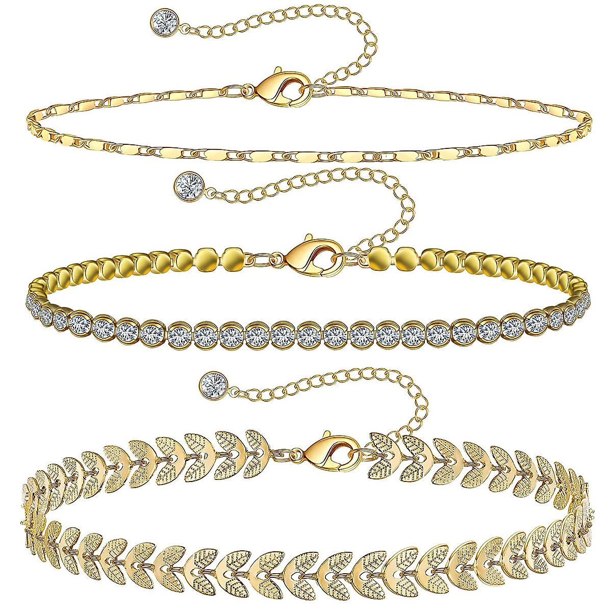 Tennis Gold Ankle Bracelets for Women 14k Gold Plated Anklet Gold Crystal Cubic Zirconia Rhinestone Anklet Leaf Handmade Chain Dainty Layered Anklet Set 3Pcs