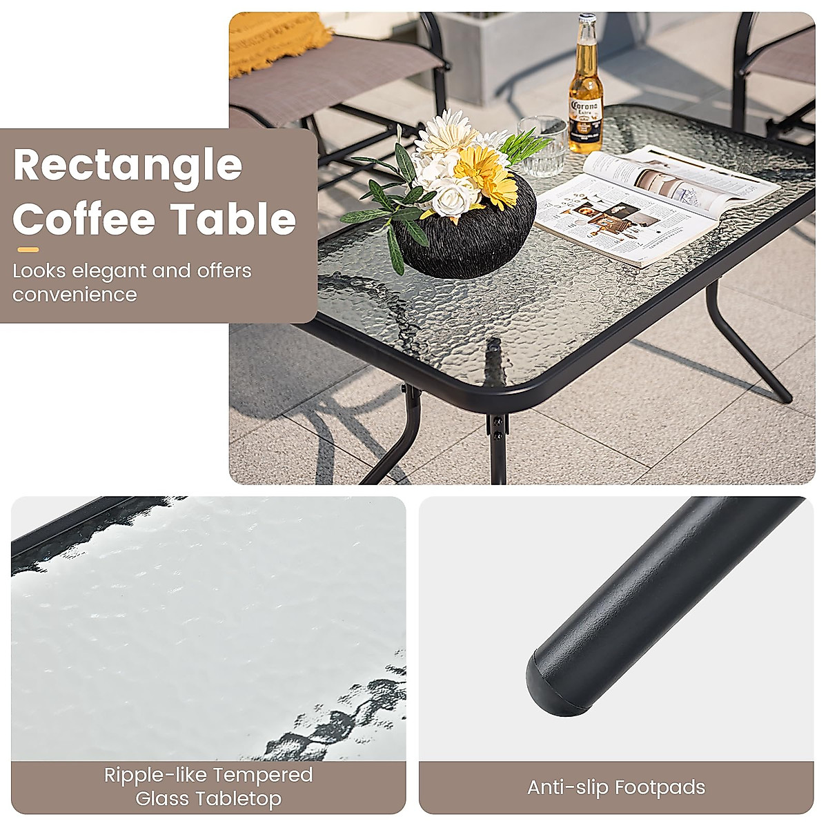 Tangkula 4 Pcs Patio Glider Set, Outdoor Gliding Loveseat w/Tempered Glass Coffee Table, Heavy-Duty Patio Furniture Set for Backyard, Porch, Poolside (4 PCS Patio Glider Set)