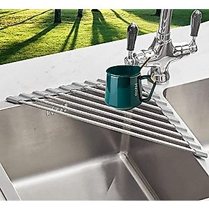 ALIMART Over the Sink Dish Drying Rack Roll Up and Triangle for Kitchen Corner Drainer Mat Foldable Stainless Steel (Triangle), Silver