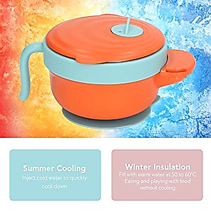 Baby Suction Bowls, Stay Put Suction Bowl with Lid Toddler Feeding Set Safe Dishwasher Detachable Stainless Steel Interior Weaning Insulation Bowl(Orange)