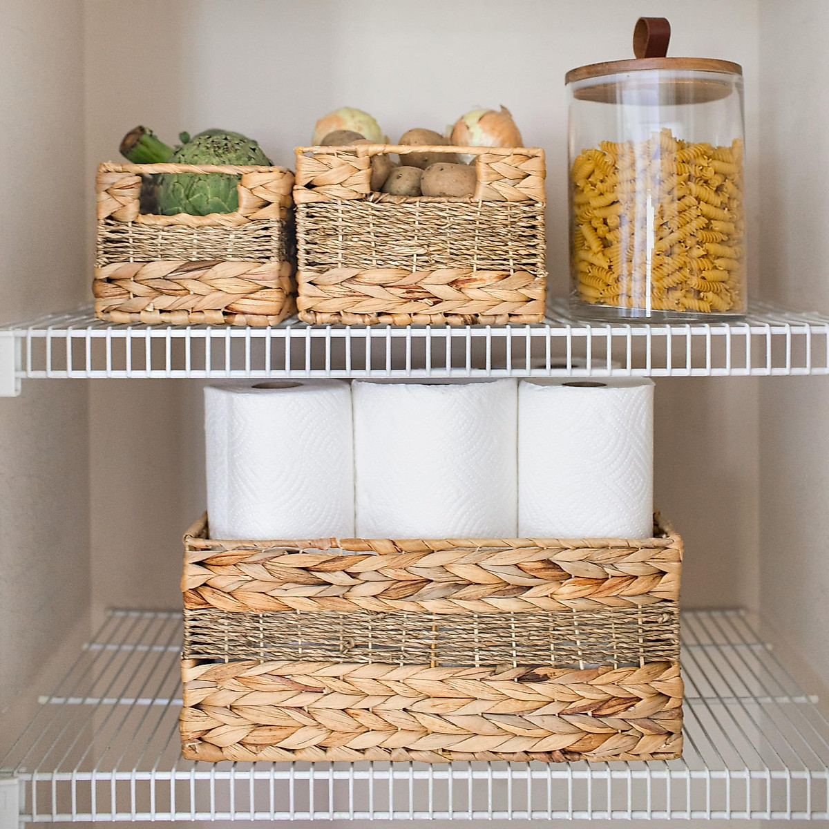 Artera Large Wicker Storage Basket - Set of 4 Woven Water Hyacinth Baskets with Handle, Large Rectangular Natural Nesting Storage Bins for Bedroom, Bathroom, Laundry Room or Kitchen (Style 1)