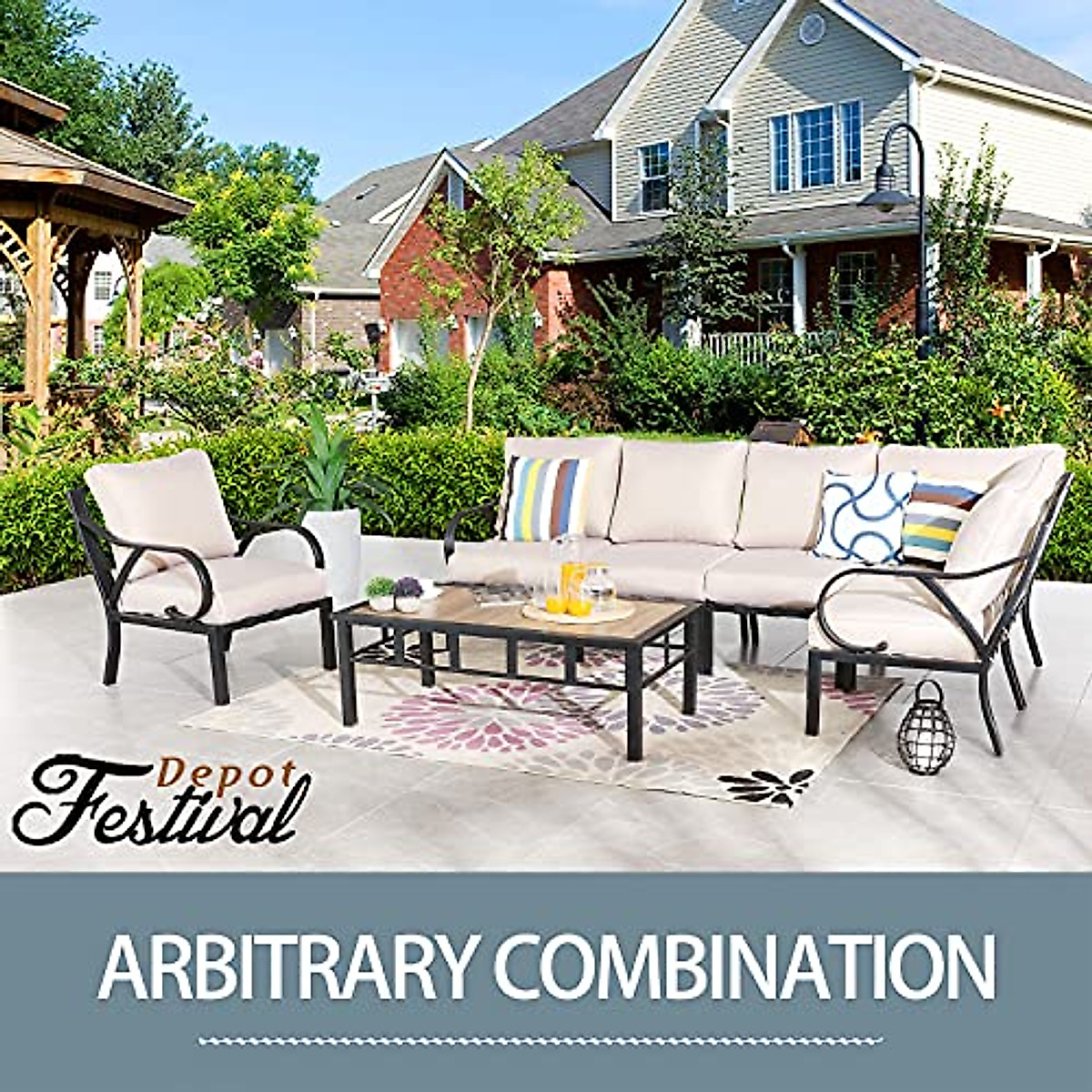 Festival Depot Patio Coffee Table Rectangle Metal Table with Wood Grain Tabletop All-Weather Outdoor Furniture for Deck Poolside Garden (25.2" x 46.5" x 18.3")