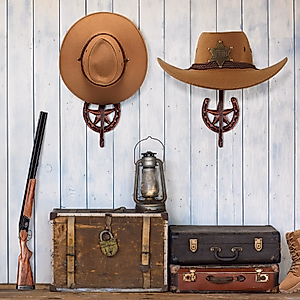 MASJENBU Cowboy Hat Rack for Wall 2 Pack Large Metal Cowboy Hat Holder Western Home Decor Cowboy Hat Wall Hanger with Hooks for Storage and Display at Closet Bedroom Living Room (2 Pack), cast