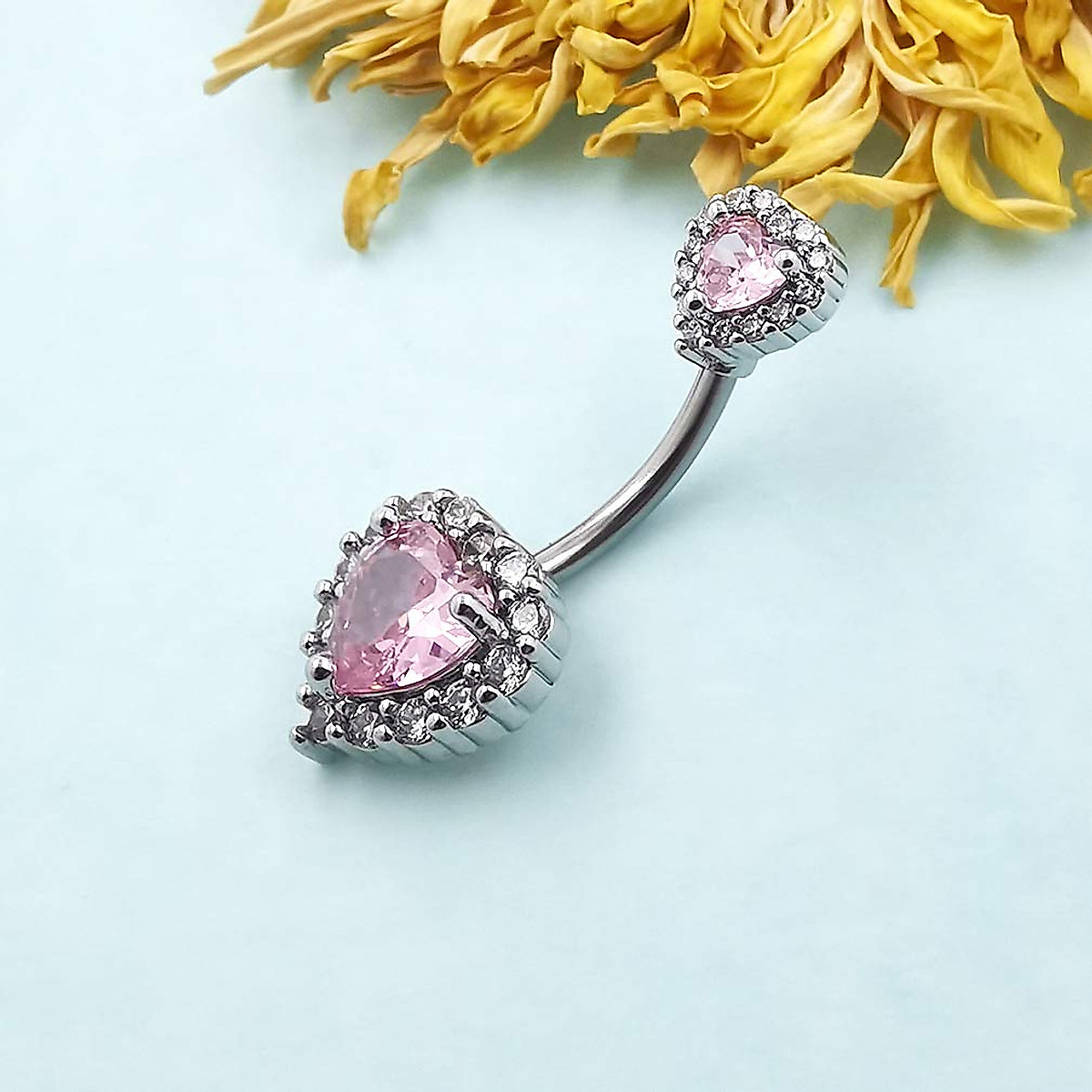 Excepro 1PC 14G(1.6mm) Double Heart Diamond Cubic Zirconia Navel Belly Button Ring 316L Surgical Steel Piercing Jewelry