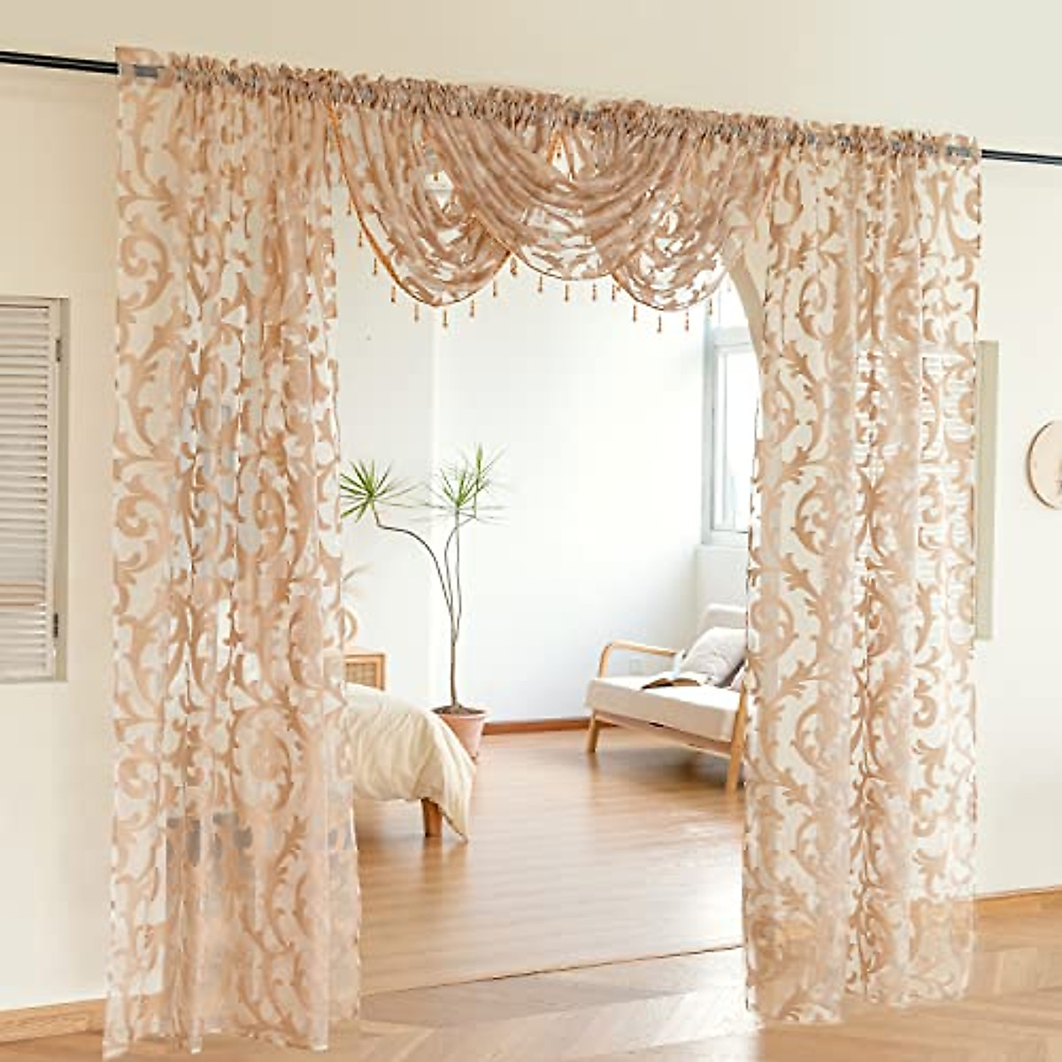 NAPEARL Swag Valance for Windows-Beige Organza Sheer Waterfall Valance, Elegant Beaded Valance Curtain for Bathroom, Kitchen, Small Windows (1 Valance, 57 x 37 Inch)