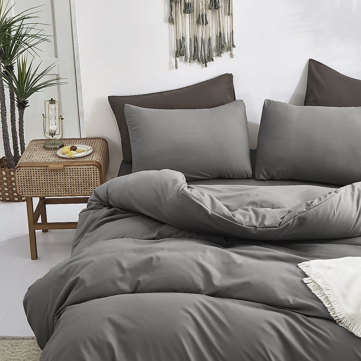 Luxlovery Grey Comforter Set Queen Men Dark Grey Comforter Bedding Sets Full 3PCS Solid Breathable Soft Charcoal Gray Quilts Set Modern Queen Comforter for Queen Bed