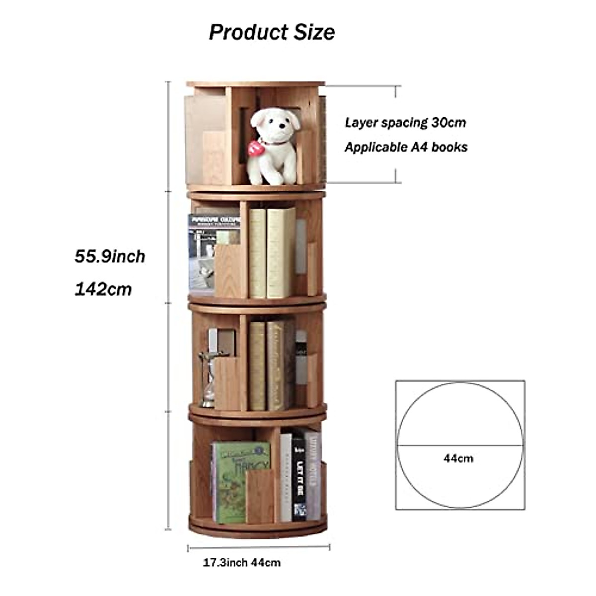 Bear Qiaqia 360° Rotating Bookshelf, 4 Tier Solid Hardwood Freestanding Display Stackable Bookcase, Oiled Oak Finish, for The Living Room, Study and Office(56x17x17 inch)