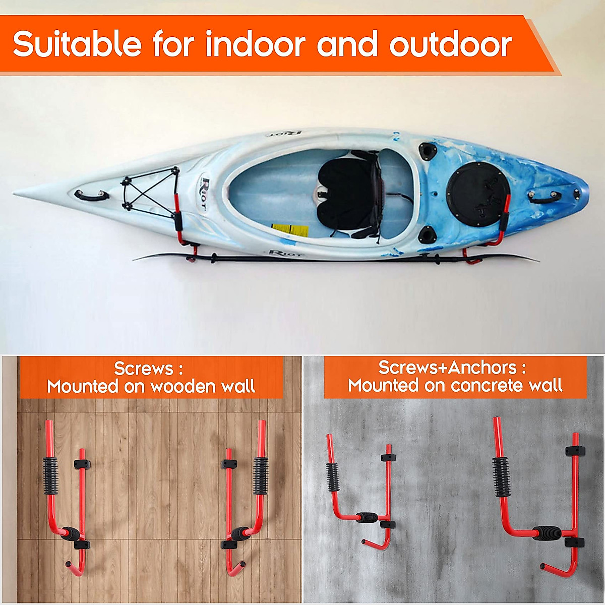 TC-Home Kayak Rack Storage Wall Mounted Kayak Holder 100 lbs Kayak Ladder Indoor Surfboard Folding Hanger Red
