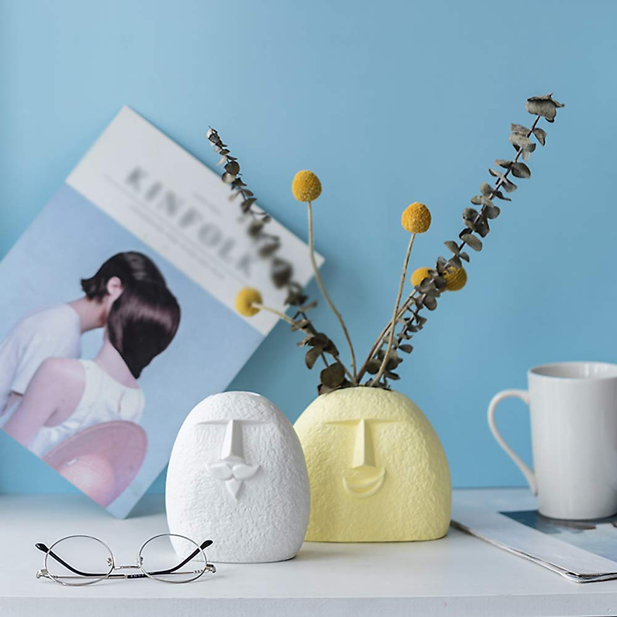 Souleden Statue Face Head Vase Creative Art Ceramic Flower Vase Small Irregular Plant Pots Desktop Expression Planter for Home Abstract Decor Living Room Office Wedding Indoor Outdoor Garden (White C)