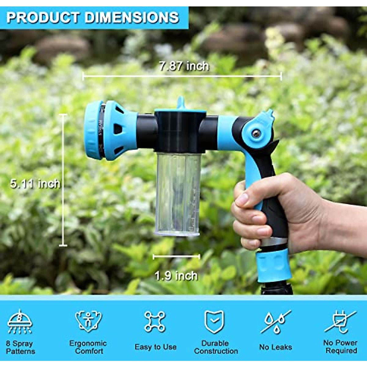 ESOW Garden Hose Nozzle, High Pressure Foam Sprayer Gun 8 Way Spray Pattern with 3.5oz/100cc Soap Dispenser Bottle, Snow Foam Gun for Car Wash, Watering Plants, Lawn, Patio, Showering Pet, Cleaning