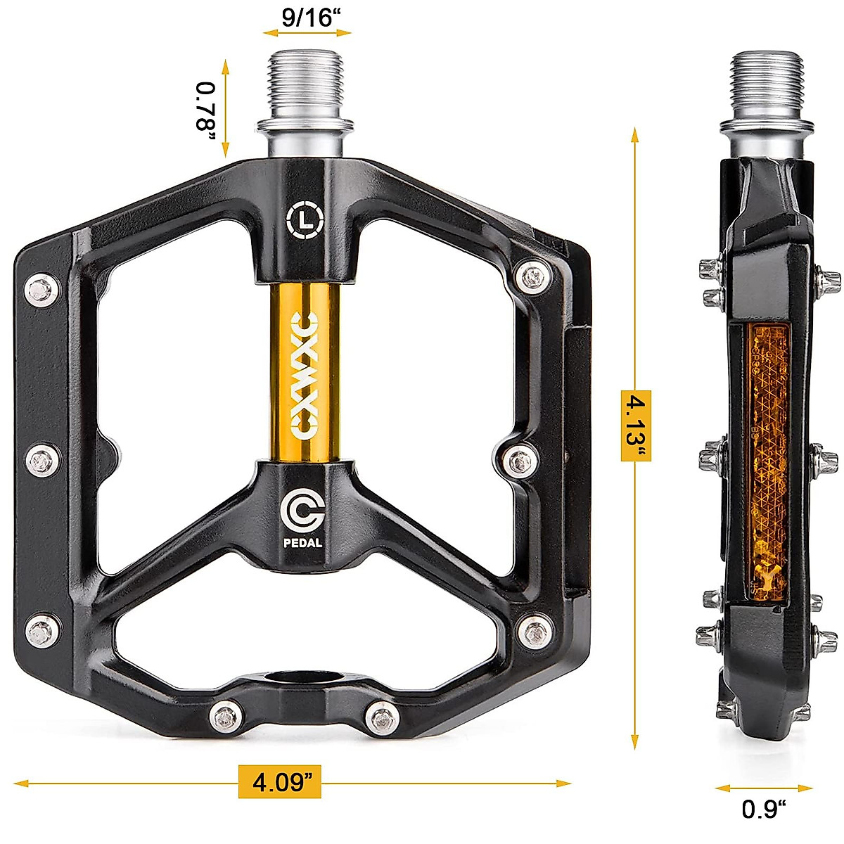 CXWXC Road/MTB Bike Pedals - Aluminum Alloy Bicycle Pedals - Mountain Bike Pedal with Removable Anti-Skid Nails (Black-Orange)