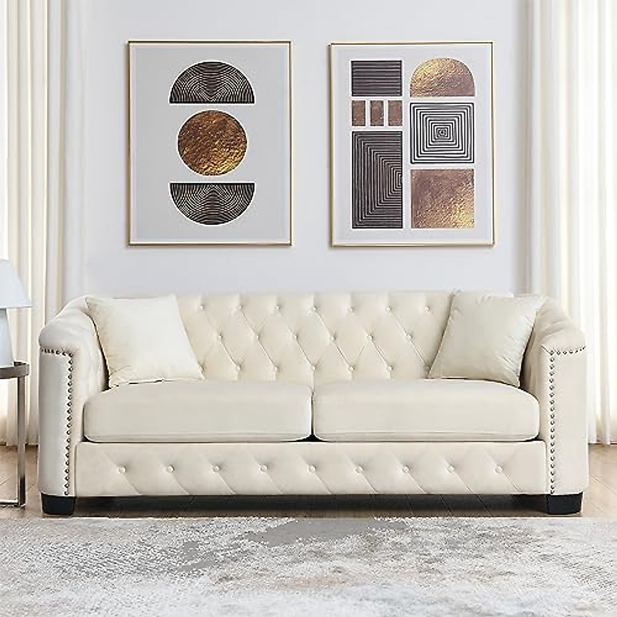 Goohome 77" Modern Chesterfield Sofa 3-Seater, Velvet Loveseat Sofá Couches for Living Room, Comforty Upholstered Tufted Backrests with Nailhead Arms and 2 Cushions, for Apartment Bedroom, C-Beige c