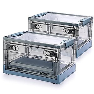 BTSKY 2 Pack Collapsible Storage Bins with Double Side Doors , 20 L Clear Plastic Folding Storage Boxes with Lid , Stackable Plastic Organization Cube Box with Wheels for Home & Office Organization, Cloth Toys Books Snacks Bottles(Blue)