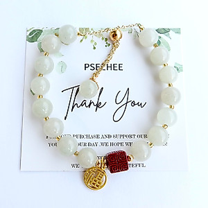 PSEEHEE Handmade Genuine Jade Lucky Fu Charm Bracelet, Feng-shui Stone Chakra Healing Gemstone Crystal Beads Adjustable Bangle Cuff Jewelry Gift for Men Women
