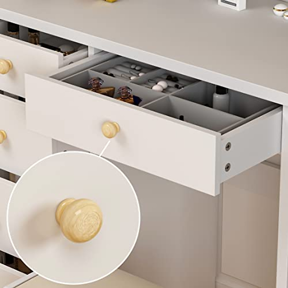 AGOTENI Makeup Vanity Set Dresser Desk with 5 Drawer and Shelf Round Mirror with Touch Screen and Light Vanity Set with Cushioned Stool for Bedroom, White