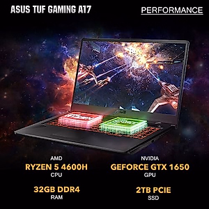 ASUS TUF A17 17.3" 144Hz FHD Gaming Laptop, AMD Ryzen 5 4600H, NVIDIA GeForce GTX 1650, 32GB DDR4 RAM, 2TB PCIe SSD, RGB Backlit Keyboard, Win 11, Black, 32GB Snowbell USB Card