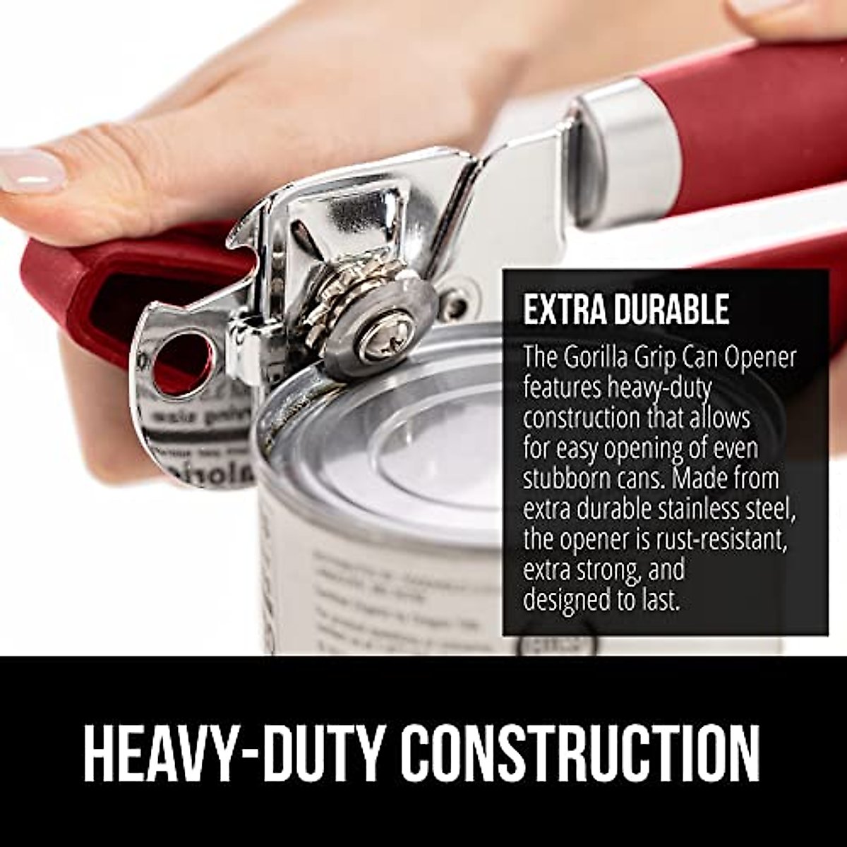 Gorilla Grip Hand Held Can Opener and Meat Tenderizer, Large Lid Openers Rust Proof, Heavy Duty Meat Tenderizer Soft Grip Handle, Both in Red, 2 Item Bundle