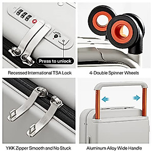mixi Carry On Luggage Wide Handle Luxury Design Rolling Travel Suitcase PC Hardside with Aluminum Frame Hollow Spinner Wheels, with Cover, 20 inch, Smoke White