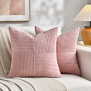 Fancy Homi 2 Packs Blush Pink Decorative Throw Pillow Covers 18x18 Inch for Living Room Couch Bed, Rustic Farmhouse Boho Home Decor, Soft Corss Corduroy Patchwork Textured Square Cushion Case 45x45 cm
