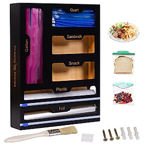 Easy to Clean Foil & Plastic Wrap Dispenser, Ziplock Bag Storage Organizer (Modern Edition) | Suitable for Kitchen Drawer, Sandwich, Gallon, Quart, etc. (Black)