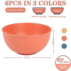 YUZI 6Packs Wheat Straw Bowls Set - 24 OZ Unbreakable Plastic Cereal Bowls, Microwave and Dishwasher Tableware Bowl Soup Bowls for Kitchen Serving Oatmeal, Pasta, Salad, Dessert(3 Color)
