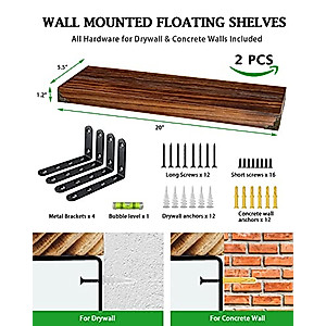 Ameegoo Set of 2 Solid Wood Floating Shelves Rustic Wall Mounted Floating Shelves for Storage Rack Organizer Wall Shelf Thick Wide Wooden Wall Shelves for Bedroom Bathroom Office (Flame-20 x 5.5'')