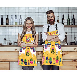 EKOBLA Llama Aprons Cute Cartoon Alpaca Graphic Adjustable Apron 27x31 Inch