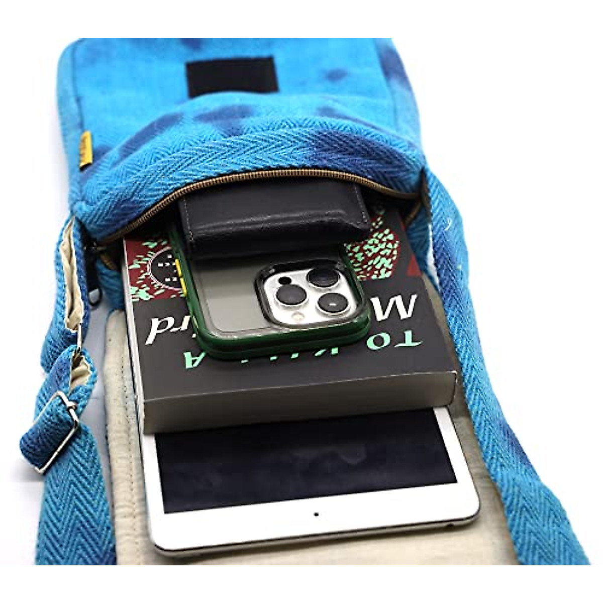 Himalaya Handmade Unique design Mushroom Embroidery Hemp Hobo Passport crossbody bag Festival Travel 100% Himalaya FAIR TRADE MADE Handmade with Love., Blue