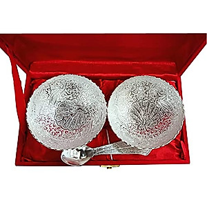 Indian Accent Silver Plated Brass 2 Bowls,2 Spoons Design with Decorative Gifting Box Set Of 4