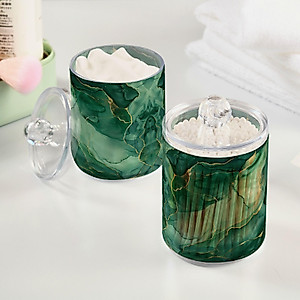 2 Pack Qtip Holder Organizer Dispenser Marble Green Bathroom Storage Canister Cotton Ball Holder Bathroom Containers for Cotton Swabs/Pads/Floss