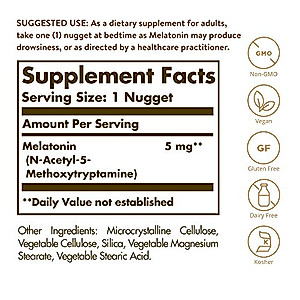 Solgar Melatonin 5 mg, 120 Nuggets - Helps Promote Relaxation & Sleep - Clinically-Studied Melatonin - Supports Natural Sleep Cycle - Vegan, Gluten Free, Dairy Free, Kosher - 120 Servings