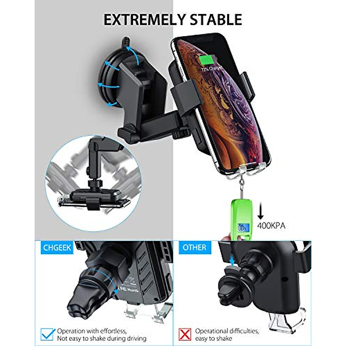 Wireless Car Charger, CHGeek 15W Fast Charging Auto Clamping Car Mount Phone Holder fit for iPhone 14 13 12 11 Pro Max Xs MAX XS XR X 8+, Samsung Galaxy S23 Ultra S22 S21 S20 10+ S9+ Note 9, etc