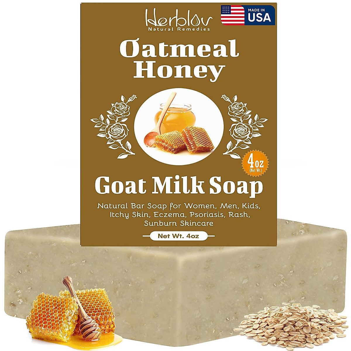 Oatmeal Honey Goat's Milk Soap Bar – Natural Bar Soap for Women, Men, Kids, Itchy Skin, Eczema, Psoriasis, Rash, Sunburn Skincare – Calming Colloidal Oatmeal Face Cleanser & Body Wash, Made in USA