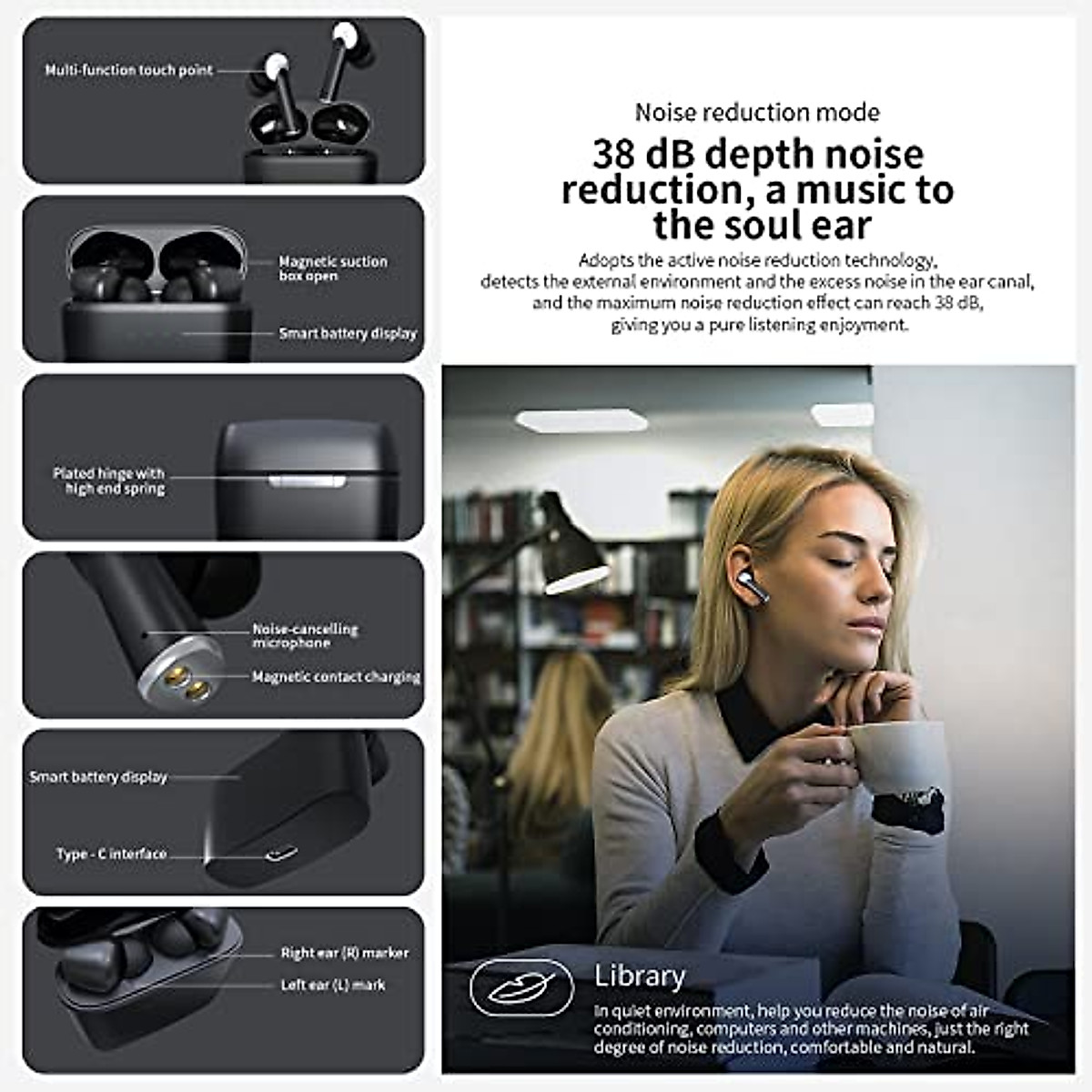 Ptuxc True Wireless Earbuds Bluetooth Headphones in Ear Headphones,Bluetooth 5.2,IPX5 Waterproof,Black