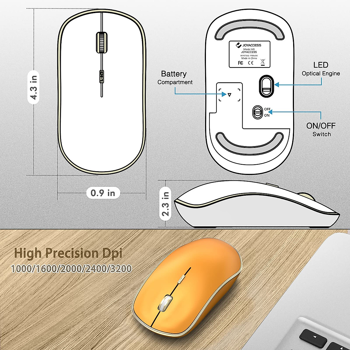 JOYACCESS J 2.4G Wireless Mouse Soft Click, Silent Travel Wireless Mouse for Laptop, 3200 DPI, 5 Adjustment Levels, Computer Mouse Wireless for Chromebook, Mac, PC, Notebook - Orange