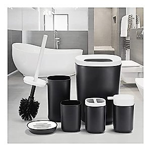 DUFU Bathroom Accessories Set 6 Piece Bath Ensemble Set with Trash Can, Toilet Brush Set, Toothbrush Holder, Tumbler, Soap Dish, Soap Dispenser for Decorative Countertop and Housewarming Gift(Black)