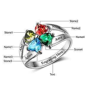 GLAMCARAT Personalized Sterling Silver Mothers Rings with 4 Birthstones Engraved Mom gift Anniversary Promise Rings fine jewelry for Women (sterling-silver)