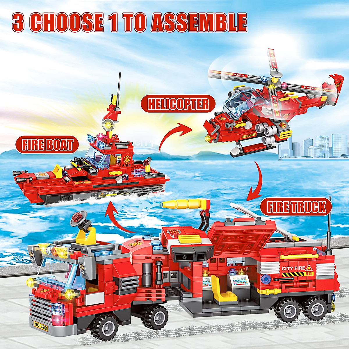 1432 Pieces City Fire Truck , Fire Rescue Helicopter , Fire Rescue Boat Building Blocks Set , 8+1 City Fire Mobile Command Center Truck , Fire Engine Gifts for Kids, Boys and Girls Ages 6-12