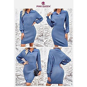 Pink Queen Fashion Long Sleeve Dress for Women Trendy Ribbed Knitted Polo Pullover Sweater Bodycon Mini Dresses Blue M