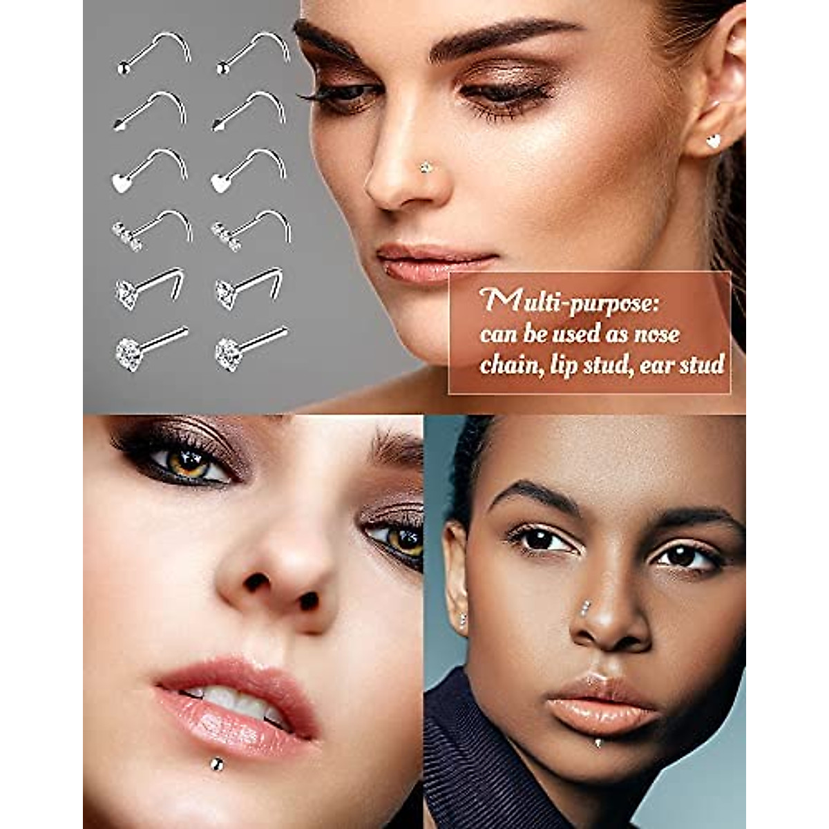 MTLEE Nose Ring Nose Chain Piercing Across Double Nose Stud Chain Jewelry CZ Heart Ball l Shaped Stainless Steel Nose Piercing Stud Nostril Jewelry for Women Men(Silver,1.5 Inch)