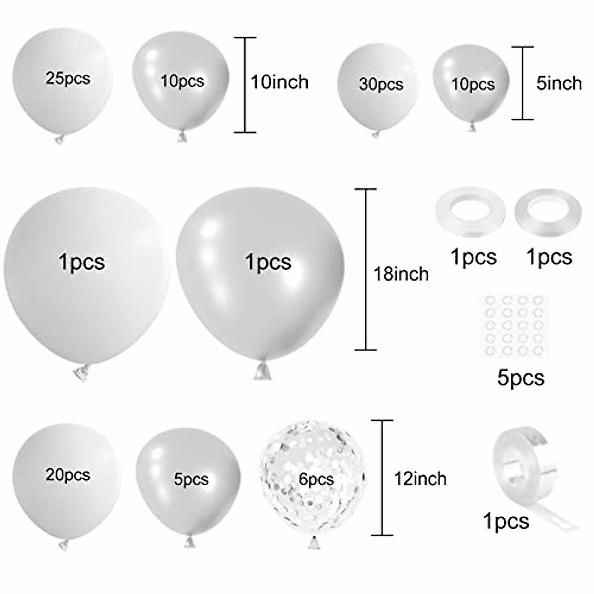 FEPITO 108 Pcs White Silver Balloon Garland Arch Kit 5 10 12 18 Inches Pastel White Silver Confetti Balloons for Birthday Wedding Bridal Showers Baby Shower Party Decorations