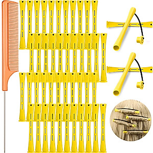 48 Pieces Plastic Curlers with Steel Pintail and Rat Tail Combs for Cold Wave Perming and Hairdressing Styling (Yellow and Orange, 0.28 Inch/ 0.7 cm)