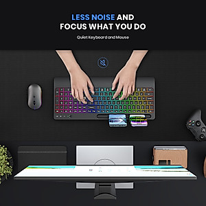 GEODMAER Wireless Keyboard and Mouse Combo with Phone Holder, Wrist Rest, Silent Rechargeable Backlit Full Size Ergonomic Keyboard and Mouse Wireless, Light Up Keyboard and Mouse for PC Mac